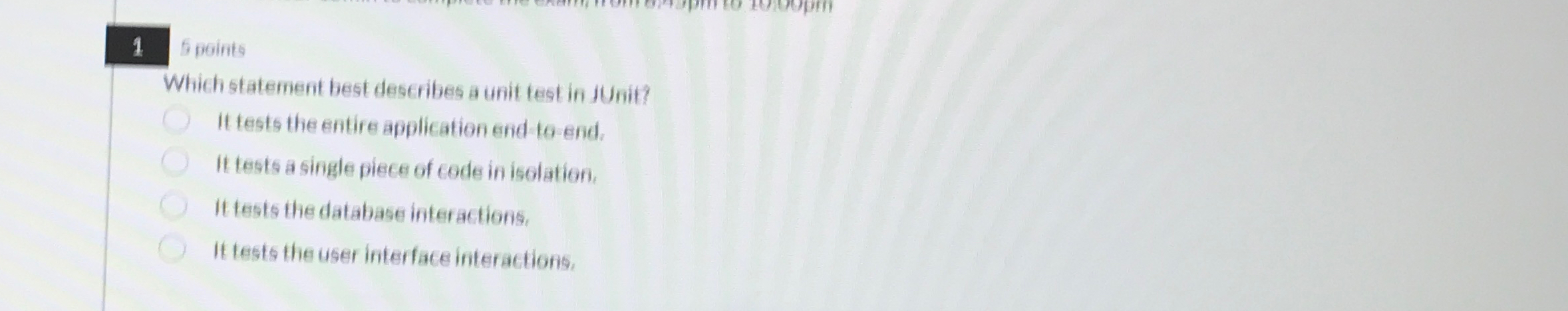 Solved 5 pointsWhich statement best describes a unit test | Chegg.com Solved 5 pointsWhich statement best describes a unit test | Chegg.com