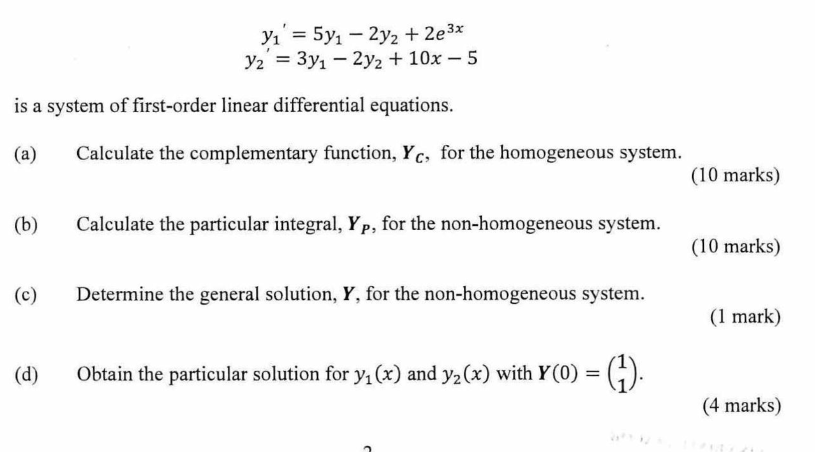 Solved y1'=5y1-2y2+2e3xy2'=3y1-2y2+10x-5is a system of | Chegg.com