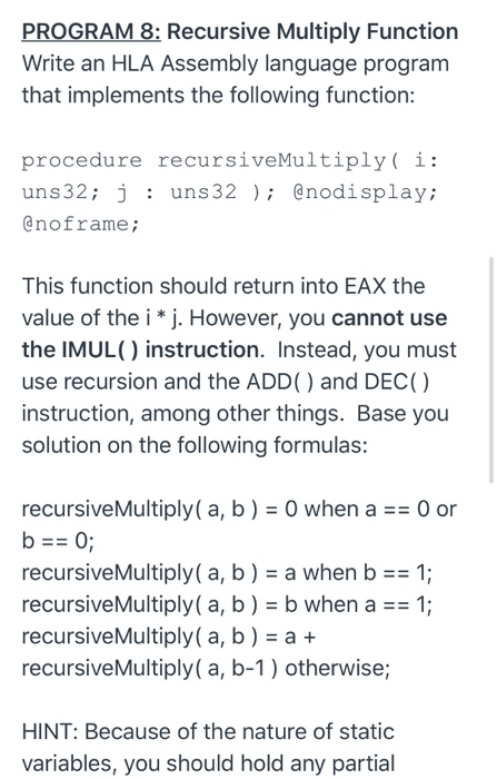 Program 8 Recursive Multiply Function Write An Hla 