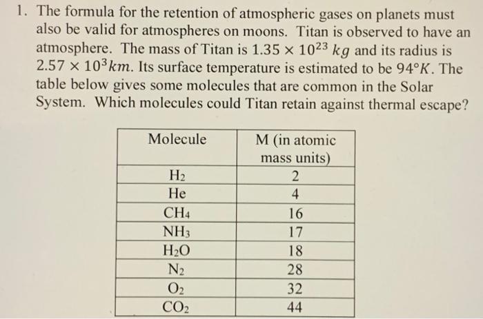 Solved 1. The formula for the retention of atmospheric gases | Chegg.com