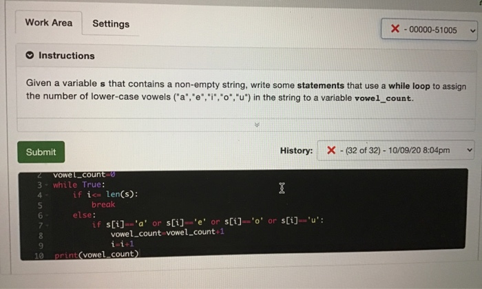 Solved Work Area Settings X - 00000-51005 Instructions Given | Chegg.com