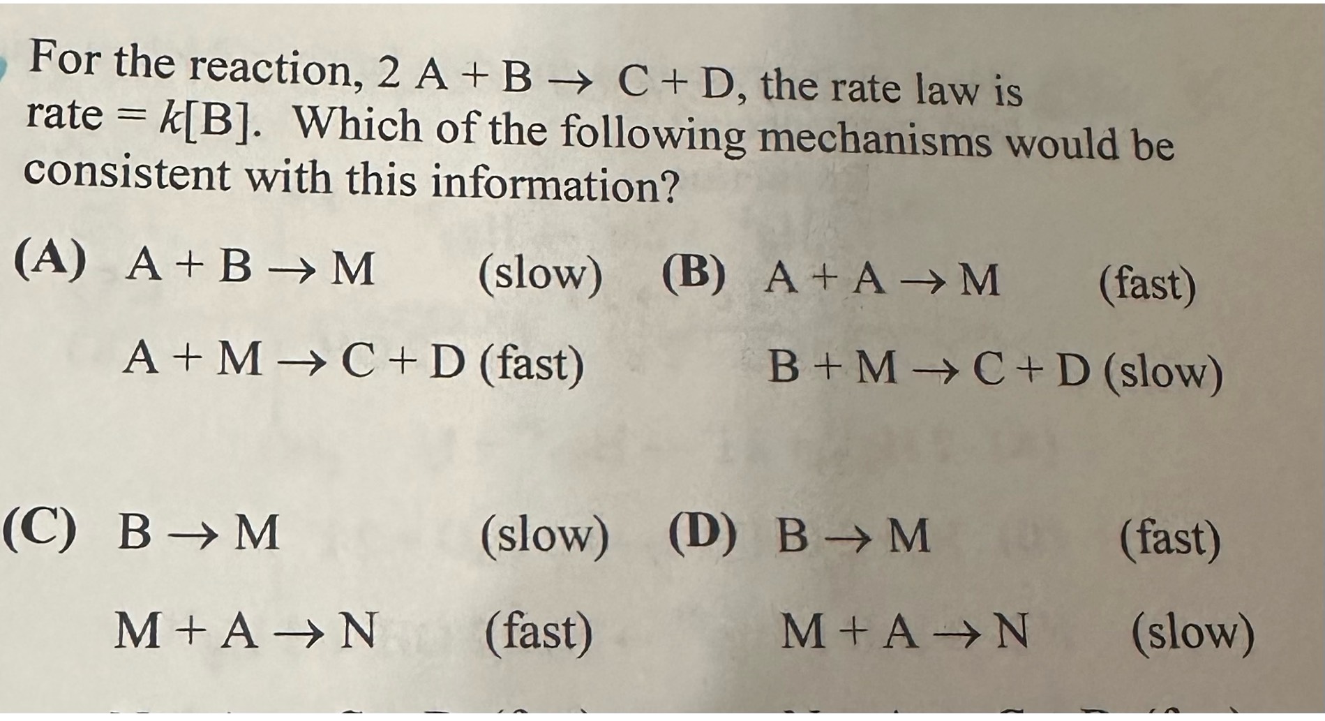 Solved For the reaction, 2A+B→C+D, ﻿the rate law is rate | Chegg.com