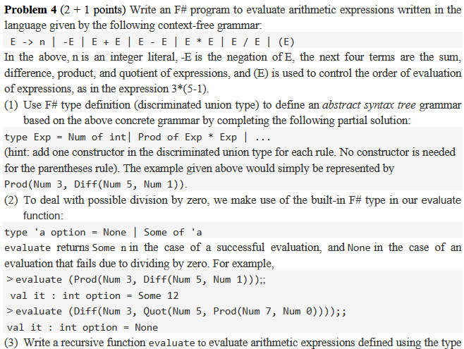 Solved Problem 4 (2 + 1 ﻿points) ﻿Write an F# program to | Chegg.com