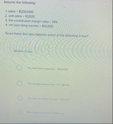 Solved Assume the following:sales =$200,000unit sales | Chegg.com