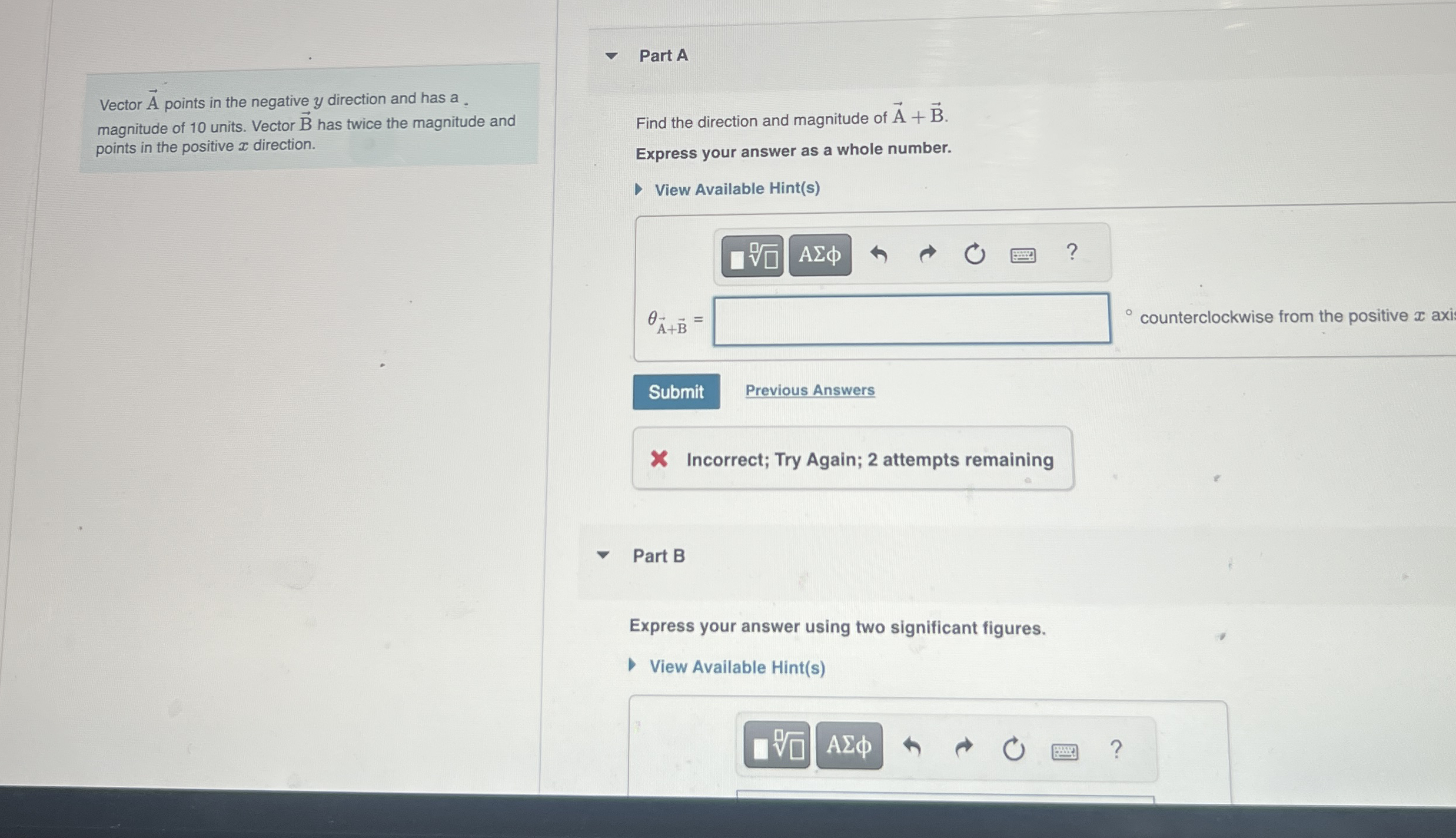 Solved Part AVector vec(A) ﻿points in the negative y | Chegg.com
