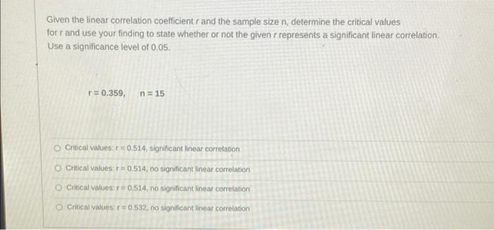 Solved Given the linear correlation coefficient r and the | Chegg.com