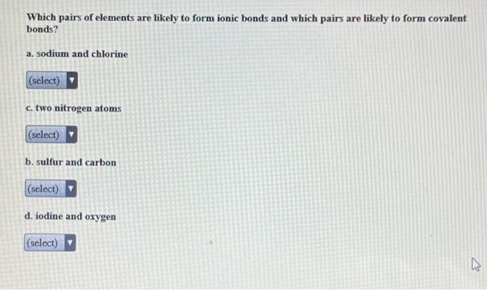Solved Which pairs of elements are likely to form ionic | Chegg.com