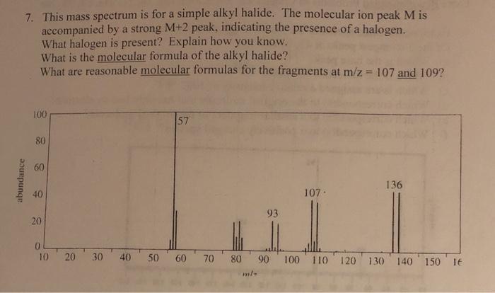 Solved 7. This mass spectrum is for a simple alkyl halide. | Chegg.com
