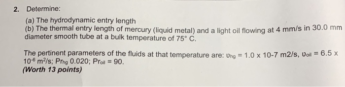 Solved 2. Determine: (a) The hydrodynamic entry length (b) | Chegg.com