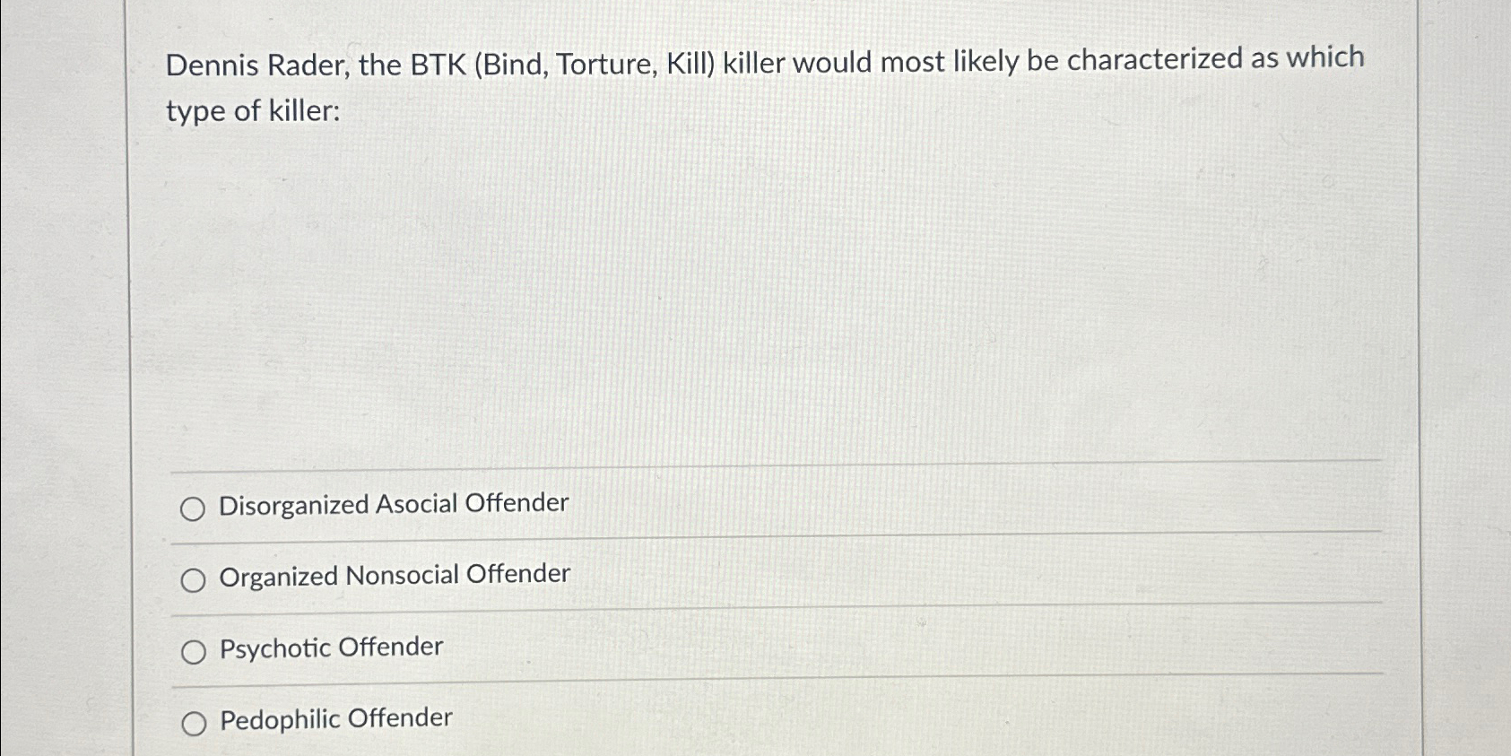 Solved Dennis Rader, the BTK (Bind, ﻿Torture, Kill) ﻿killer | Chegg.com