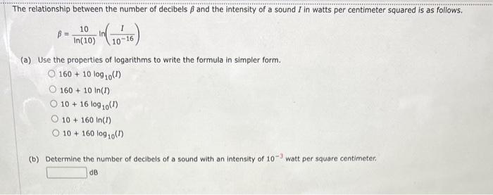 Solved he relationship between the number of decibels β and | Chegg.com