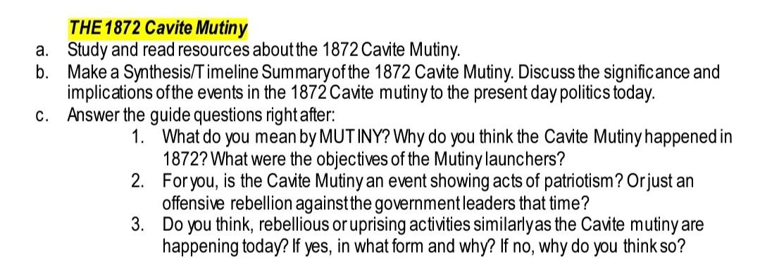 Solved C. THE 1872 Cavite Mutiny a. Study and read resources | Chegg.com
