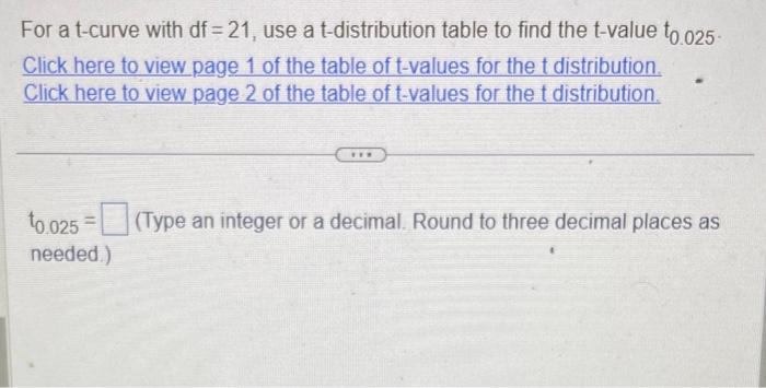 Solved For a t-curve with df=21, use a t-distribution table | Chegg.com