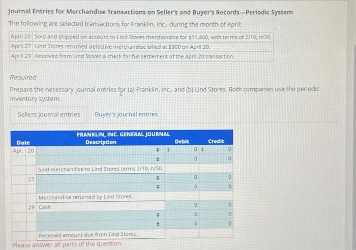 Solved Journal Entries for Merchandise Transactions on | Chegg.com