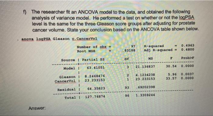 Solved 1) The researcher fit an ANCOVA model to the data, | Chegg.com
