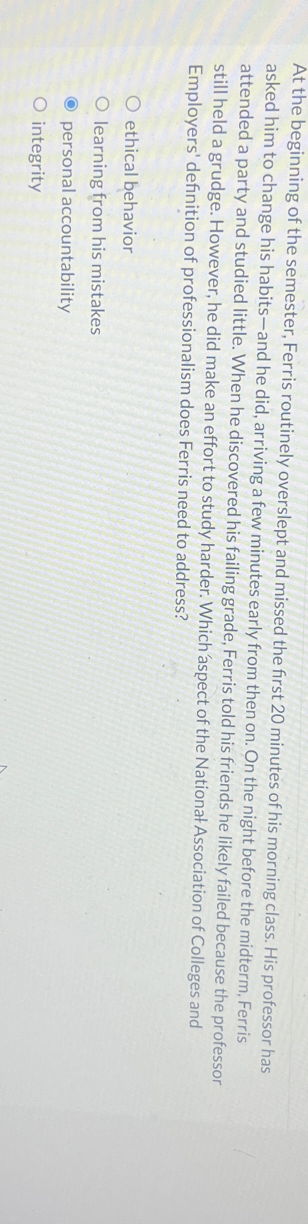Solved At the beginning of the semester, Ferris routinely | Chegg.com