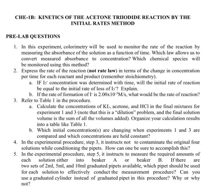 Solved CHE-1B: KINETICS OF THE ACETONE TRIIODIDE REACTION BY | Chegg.com