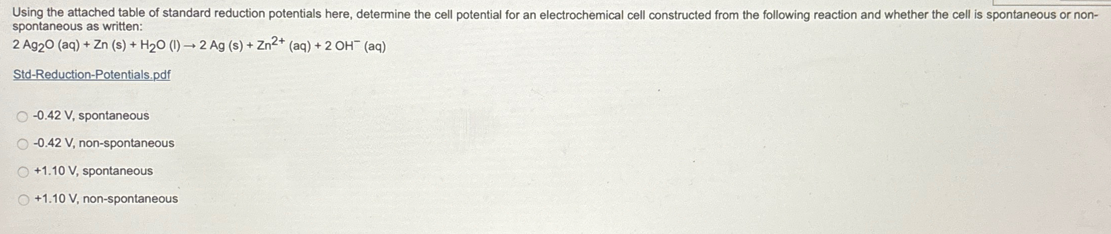 Solved Using the attached table of standard reduction | Chegg.com