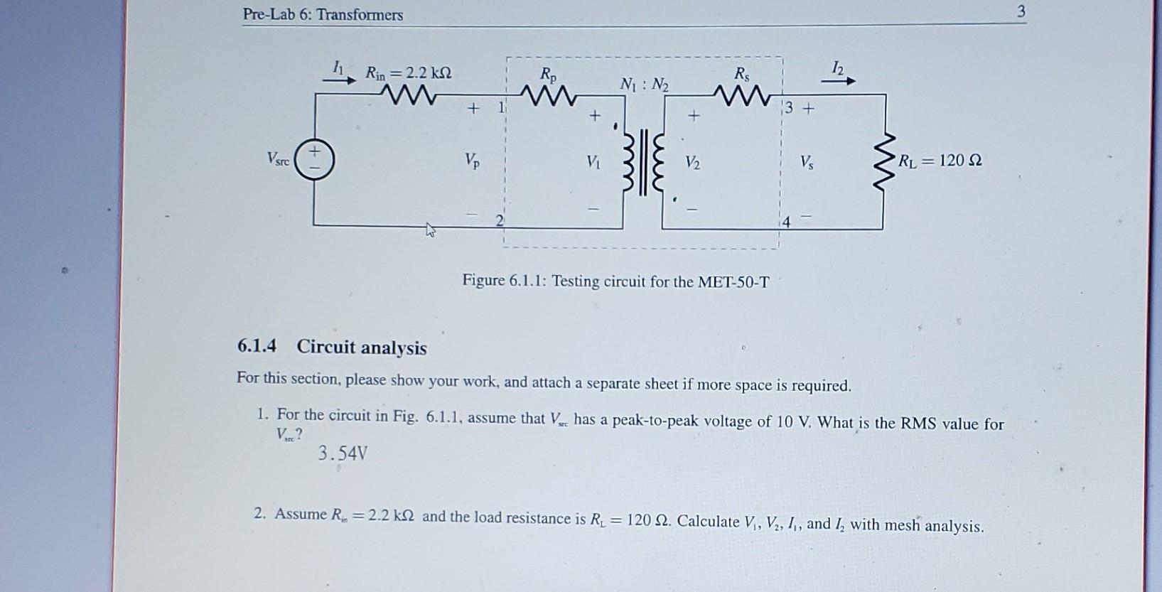 Solved Pre-Lab 6: Transformers Vsrc I₁ Rin = 2.2 | Chegg.com