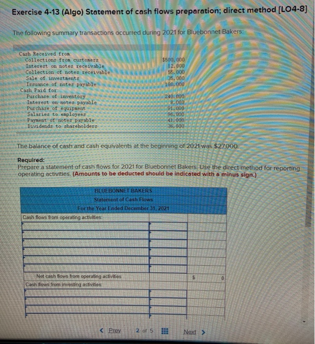 Solved Exercise 4-13 (Algo) Statement of cash flows | Chegg.com