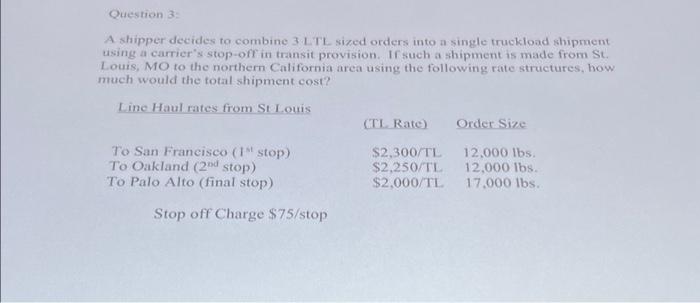 Solved Question 3: A shipper decides to combine 3 LTL sized | Chegg.com