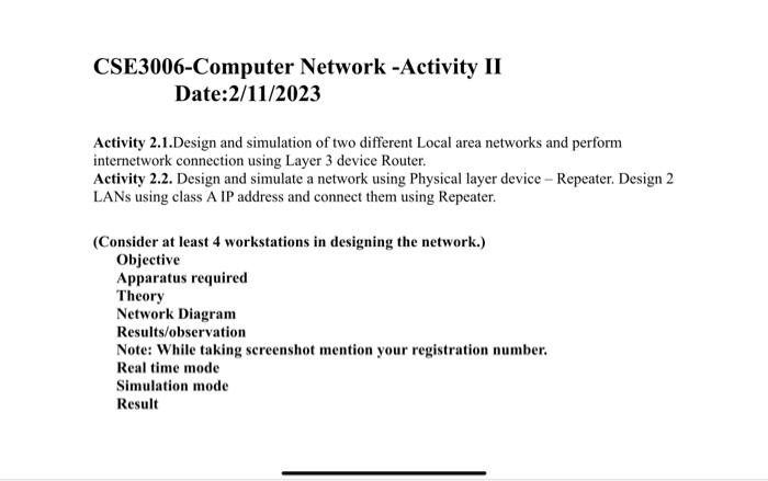 Solved CSE3006-Computer Network -Activity II Date:2/11/2023 | Chegg.com