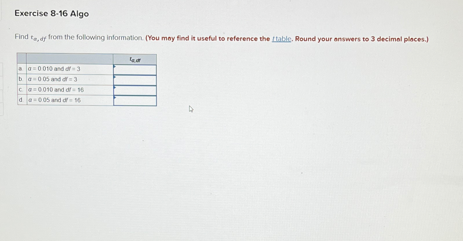 Exercise 8-16 ﻿AlgoFind tα,df ﻿from the following | Chegg.com