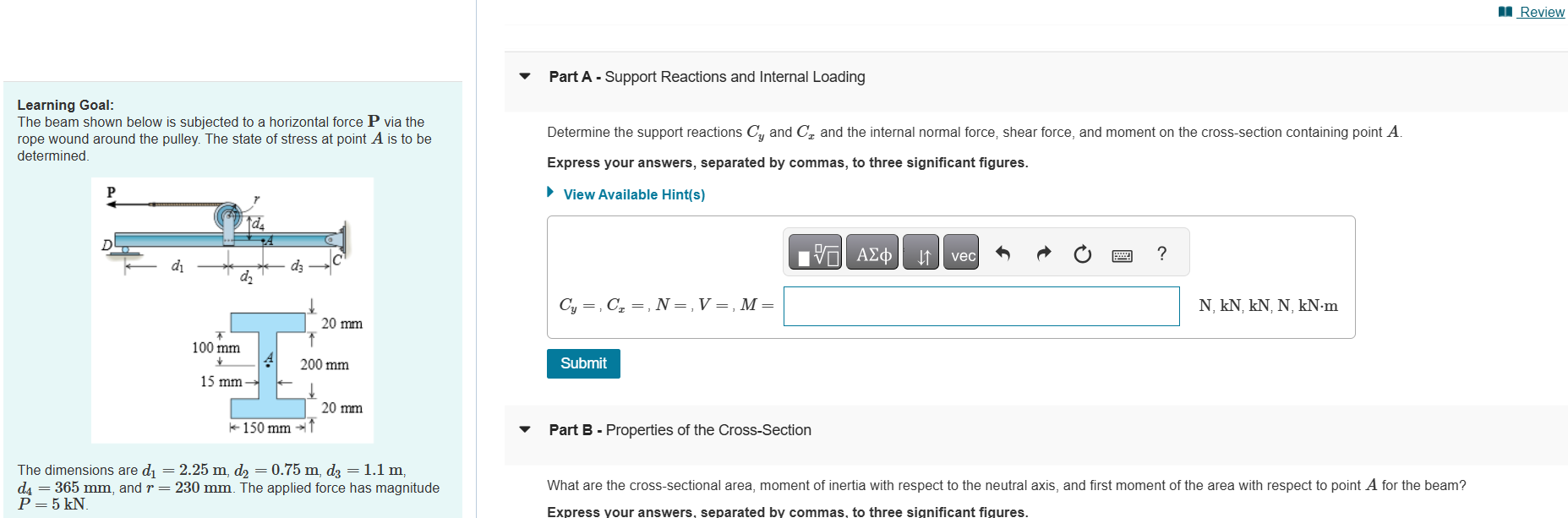Solved Part A - ﻿Support Reactions and Internal | Chegg.com
