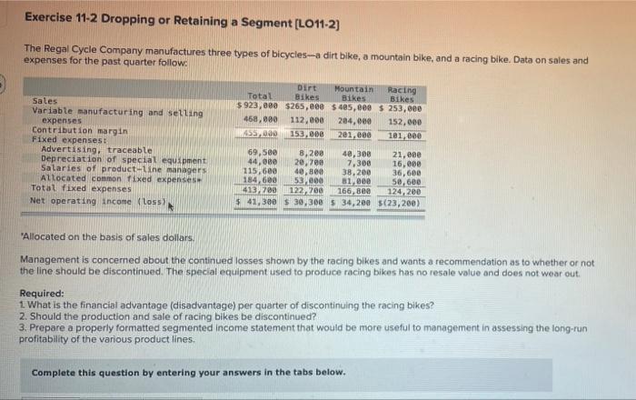 Solved Exercise 11-2 Dropping or Retaining a Segment[LO11-2) | Chegg.com