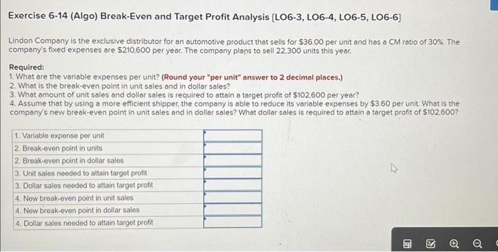 Solved Exercise 6-14 (Algo) Break-Even and Target Profit | Chegg.com