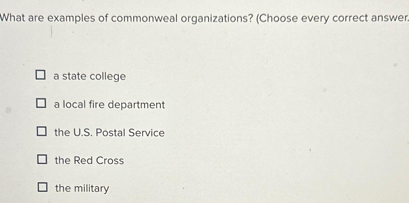 Solved What are examples of commonweal organizations? | Chegg.com
