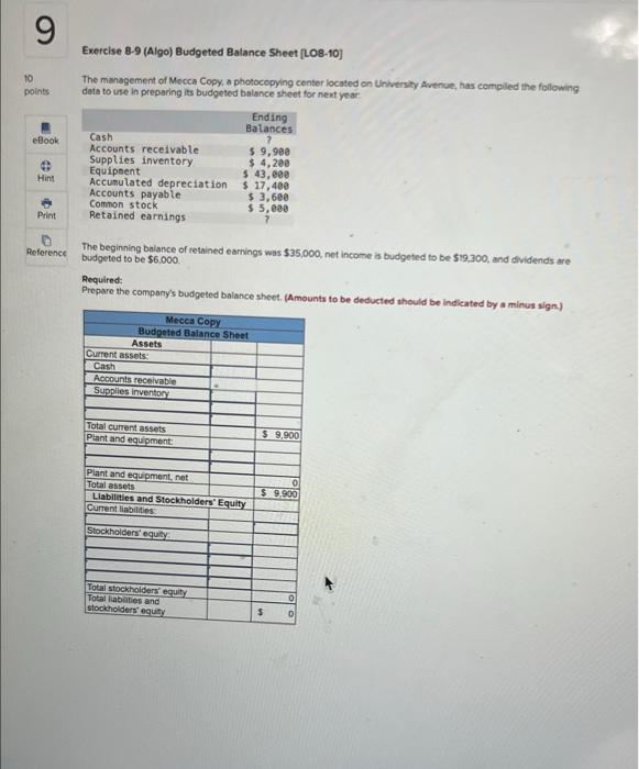 Solved Exercise 8-9 (Algo) Budgeted Balance Sheet [LO8-10] | Chegg.com