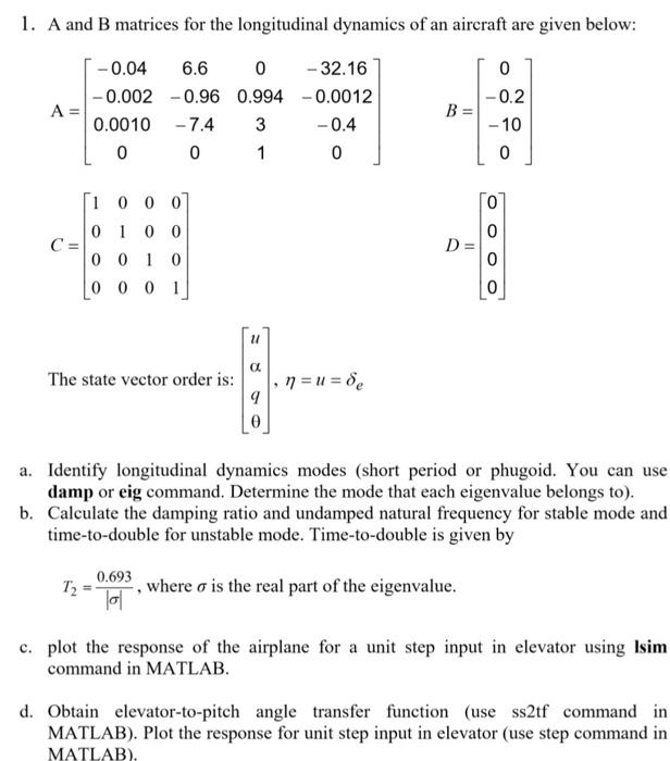 1. A and B matrices for the longitudinal dynamics of | Chegg.com