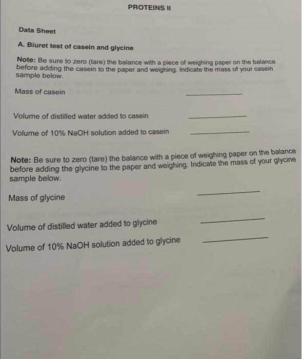 Data Sheet PROTEINS II A. Biuret test of casein and | Chegg.com