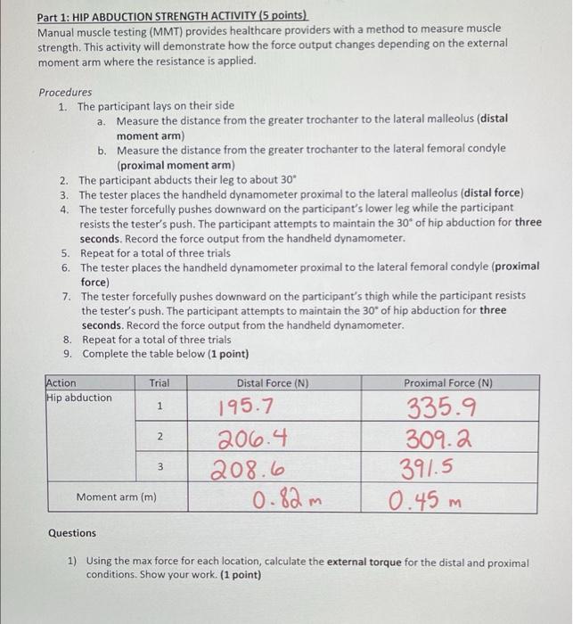 Solved Part 1: HIP ABDUCTION STRENGTH ACTIVITY (5 points) | Chegg.com