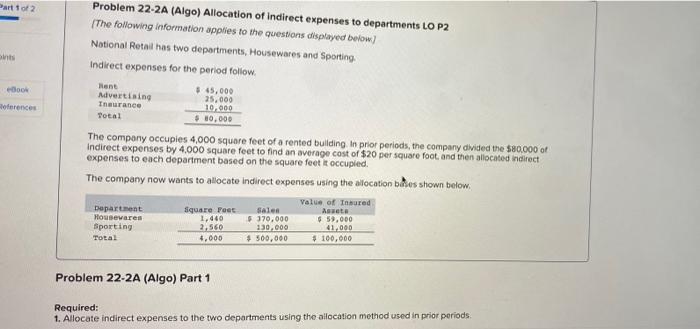 Solved Part 1 of 2 Problem 22-2A (Algo) Allocation of | Chegg.com