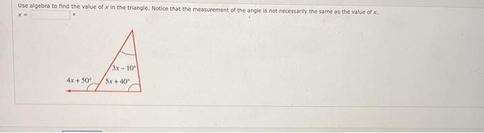 Solved Use algebra to find the value of x in the triangle. | Chegg.com