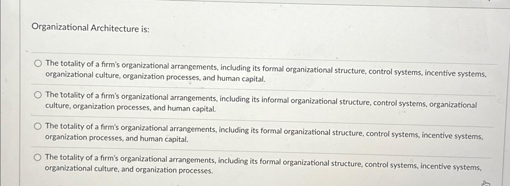 Solved Organizational Architecture is:The totality of a | Chegg.com
