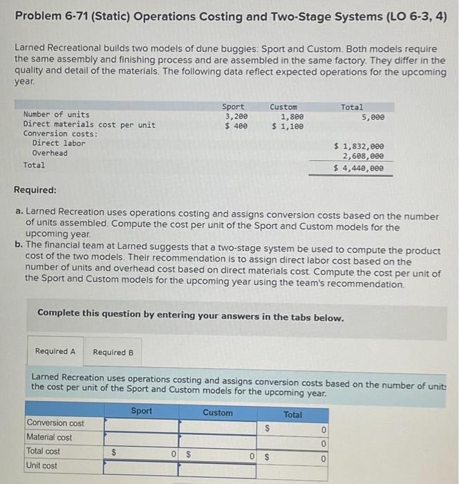 Solved Problem 6-71 (Static) Operations Costing and | Chegg.com