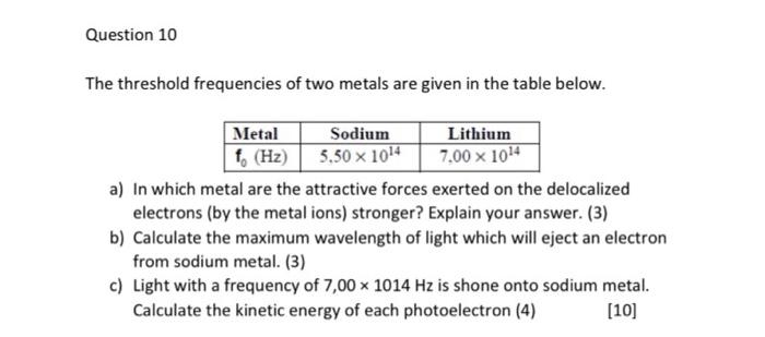 Solved The threshold frequencies of two metals are given in | Chegg.com