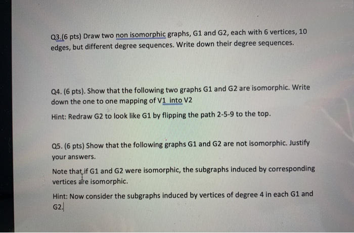 Q3.6 pts) Draw two non isomorphic graphs, G1 and G2, | Chegg.com