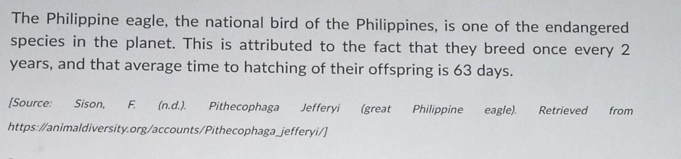 Solved The Philippine eagle, the national bird of the | Chegg.com