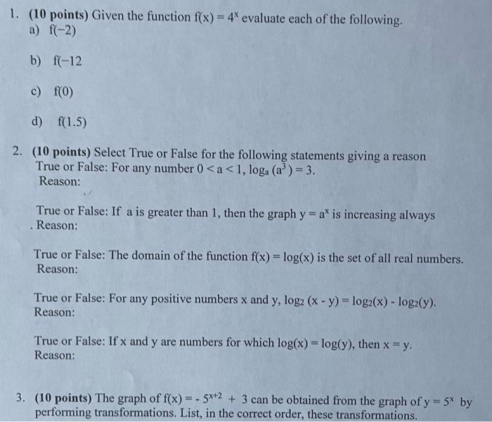 1. (10 points) Given the function f(x)=4x evaluate | Chegg.com