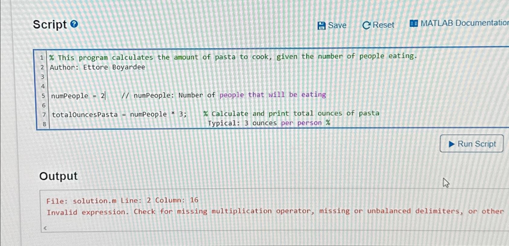 Solved Script 0SaveC ResetMATLAB Documentatio% ﻿This program | Chegg.com