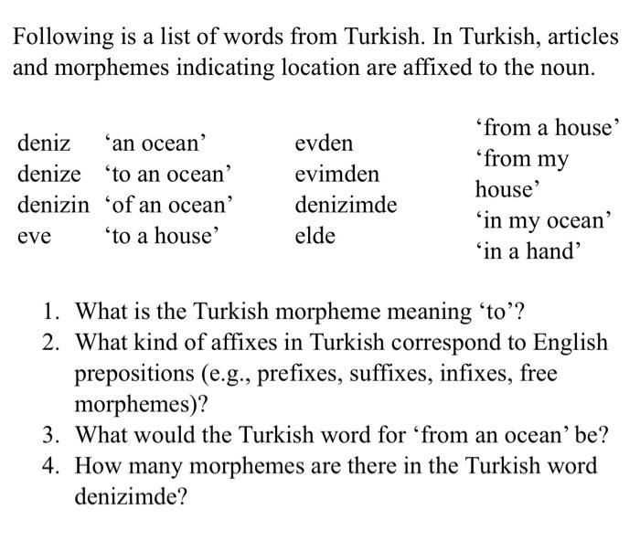 Following is a list of words from Turkish. In | Chegg.com