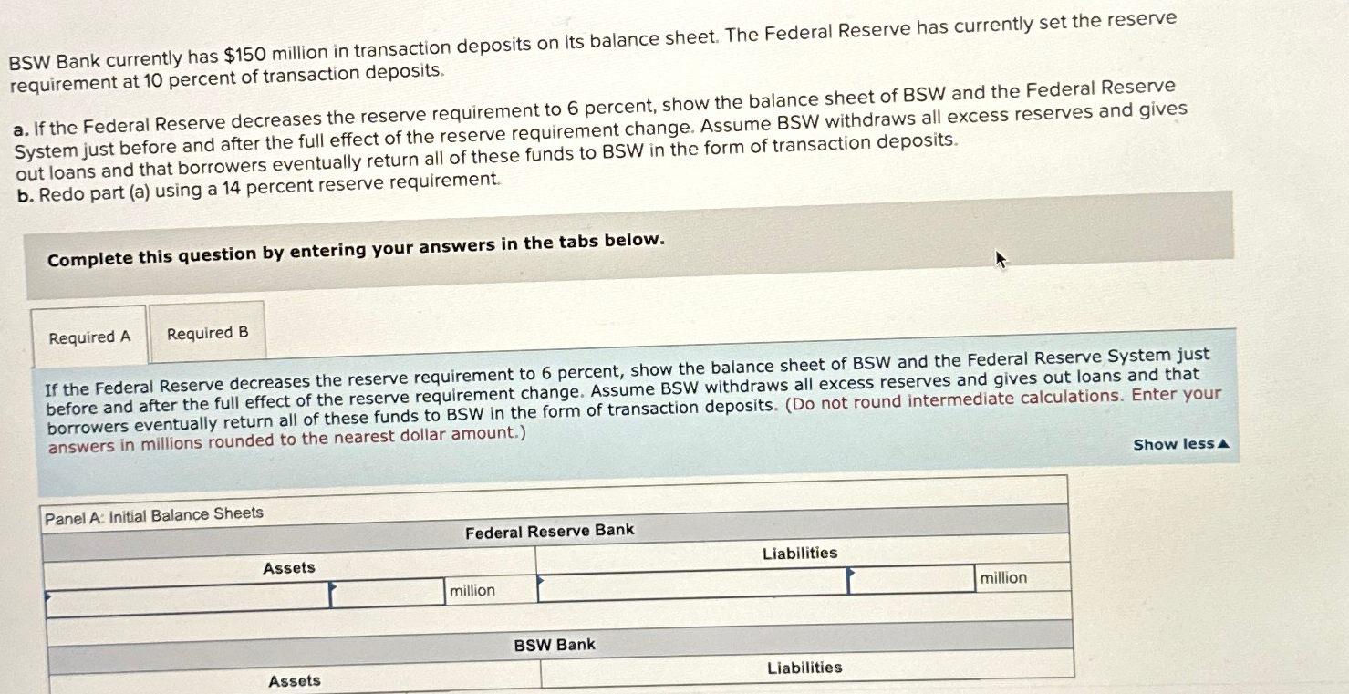BSW Bank currently has $150 ﻿million in transaction | Chegg.com