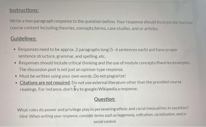 Instructions: Write a two paragraph response to the | Chegg.com