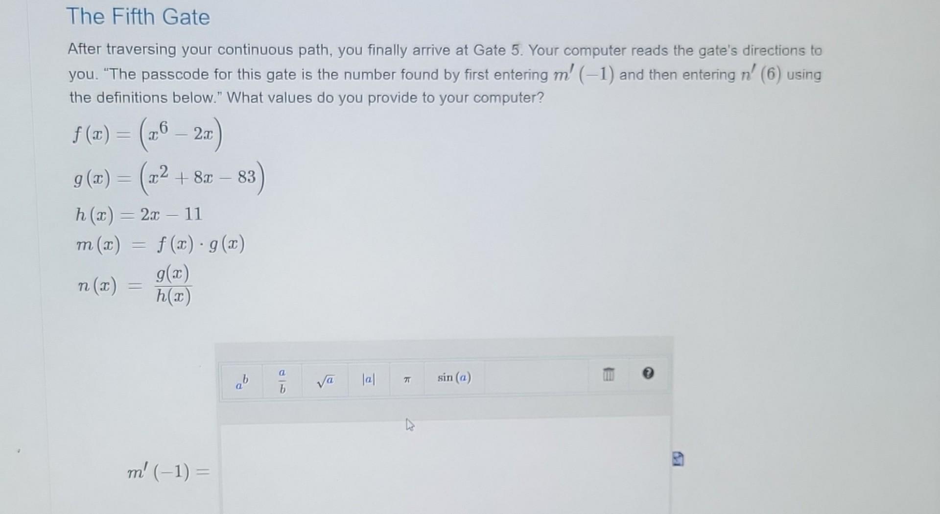 Solved The Fifth Gate g(x) = (x ^ 2 + 8x - 83) h(x) = 2x - | Chegg.com