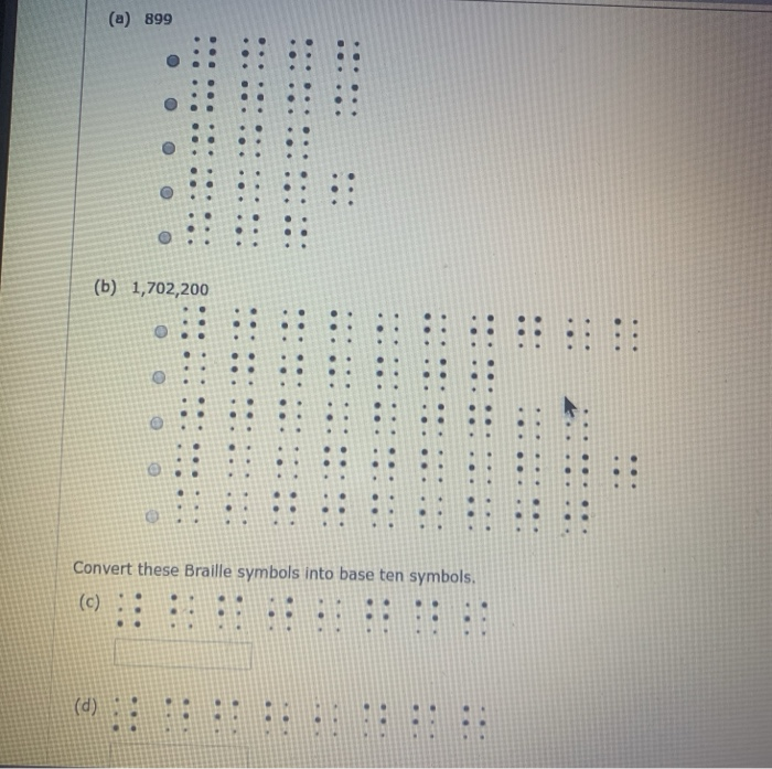 Solved (a) 899 (b) 1,702,200 Convert these Braille symbols | Chegg.com