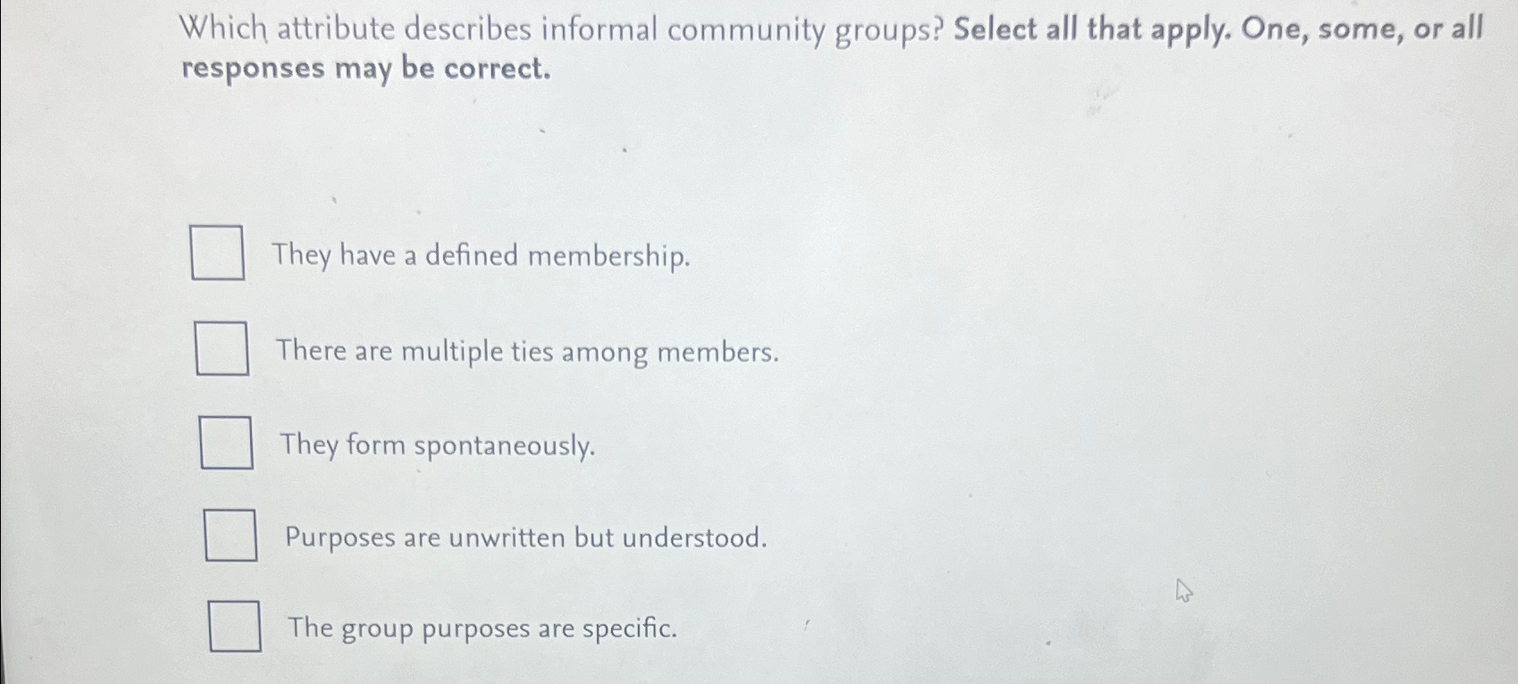 Solved Which attribute describes informal community groups? | Chegg.com